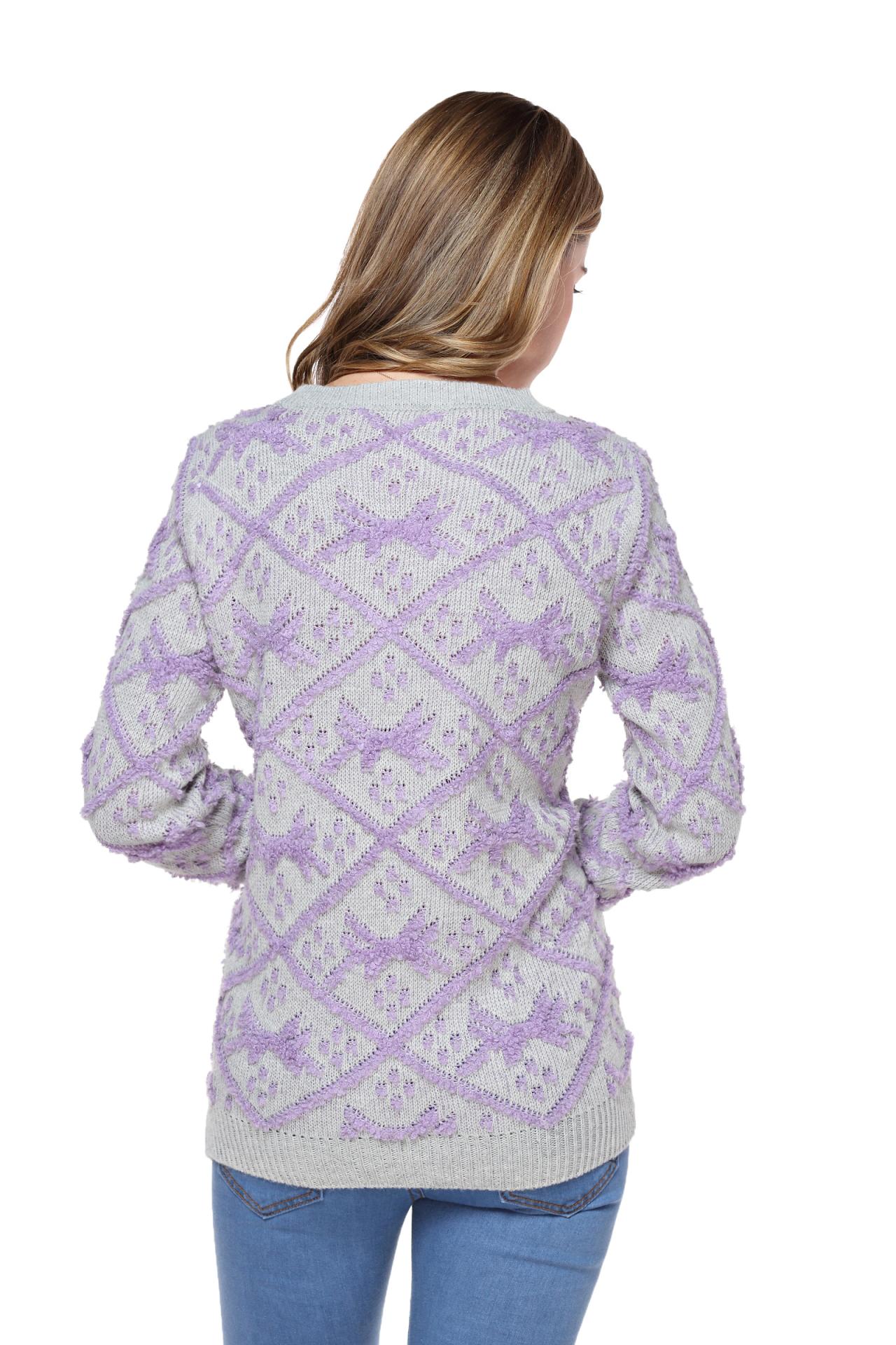 Women's Rhombus And Bowtie Pattern Round Neck Purple Sweater S100716 on ...