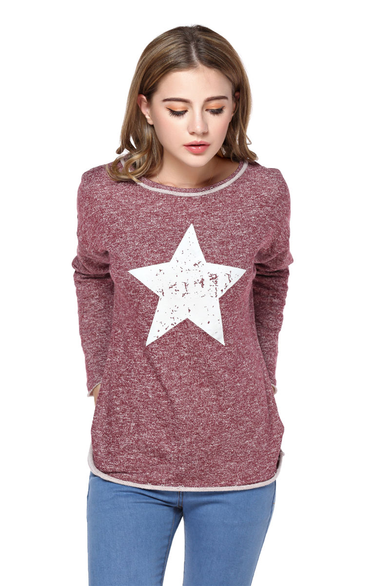 Women's Stars Pattern Round Neck Purplish Red Sweater S100719 on Luulla