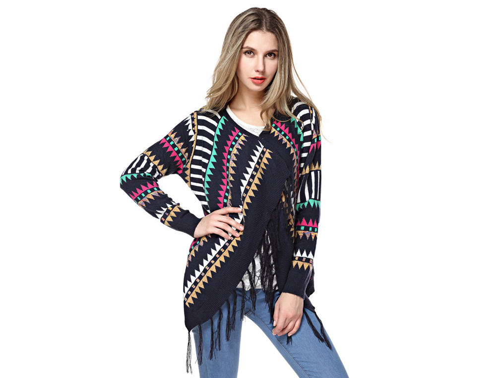 Women's Stripes Pattern Knitwear Cardigan With Tassel Asymmetrical Hems ...