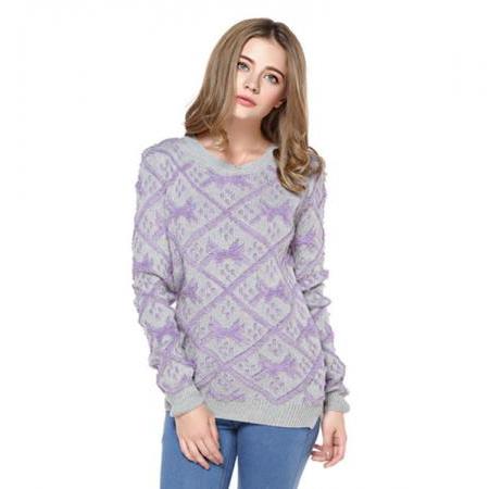 Women's Rhombus And Bowtie Pattern Round Neck Purple Sweater S100716 on ...