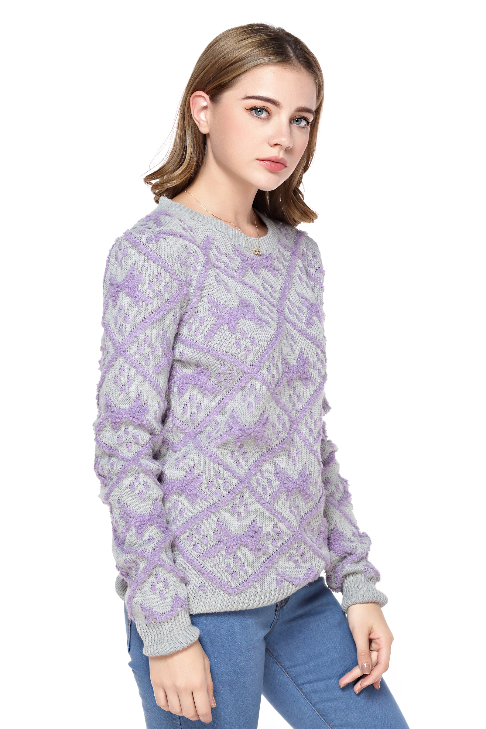 Women's Rhombus And Bowtie Pattern Round Neck Purple Sweater S100716 on ...