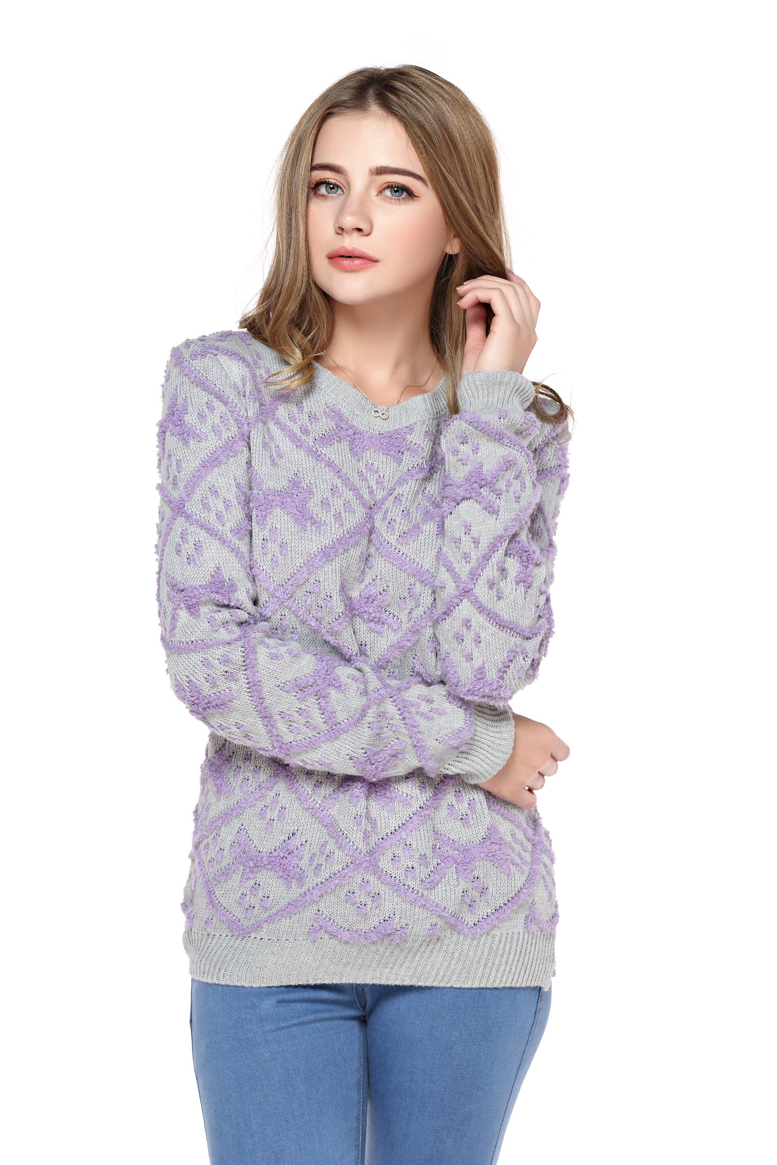 Women's Rhombus And Bowtie Pattern Round Neck Purple Sweater S100716 on ...