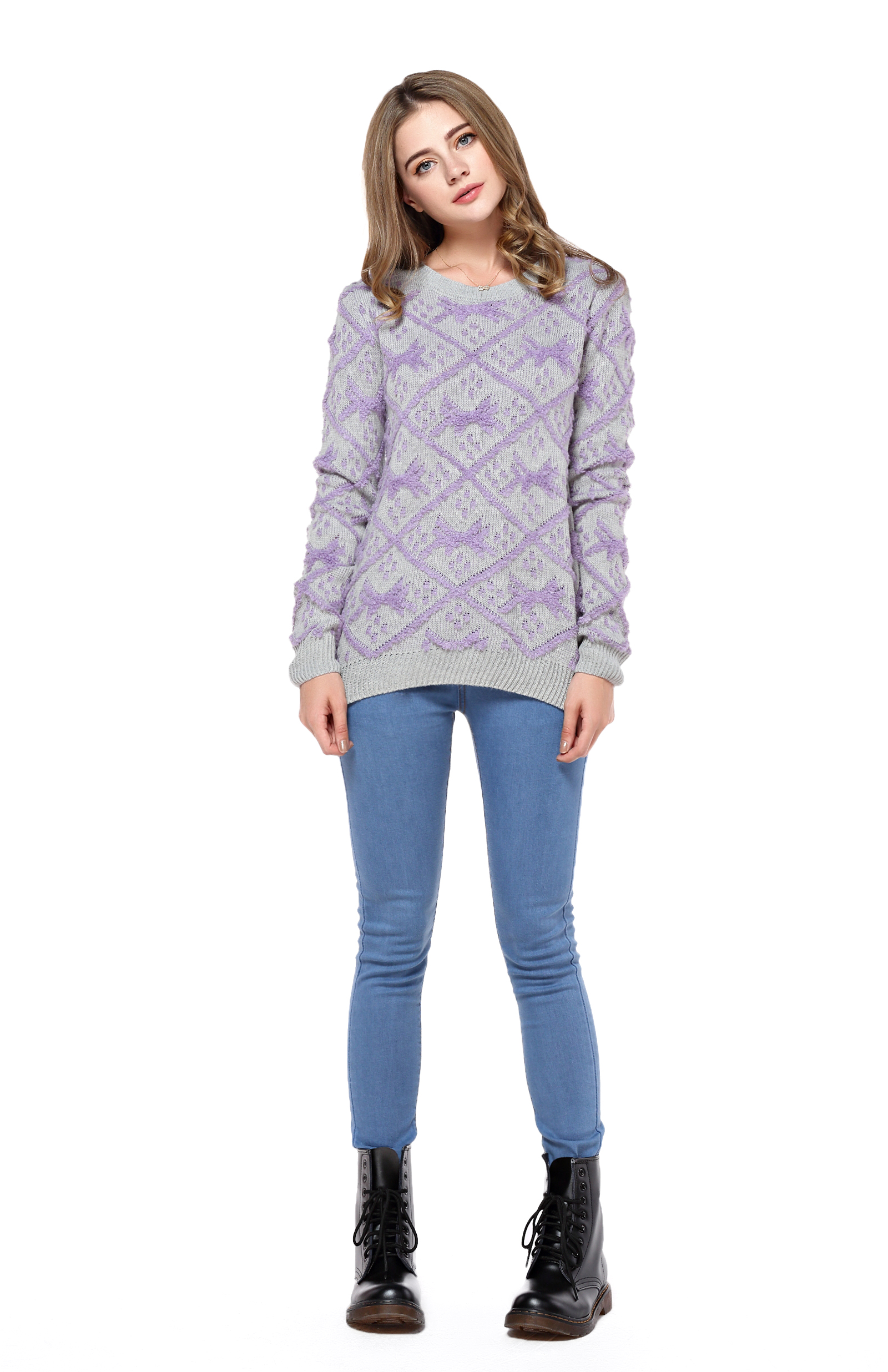 Women's Rhombus And Bowtie Pattern Round Neck Purple Sweater S100716 on ...