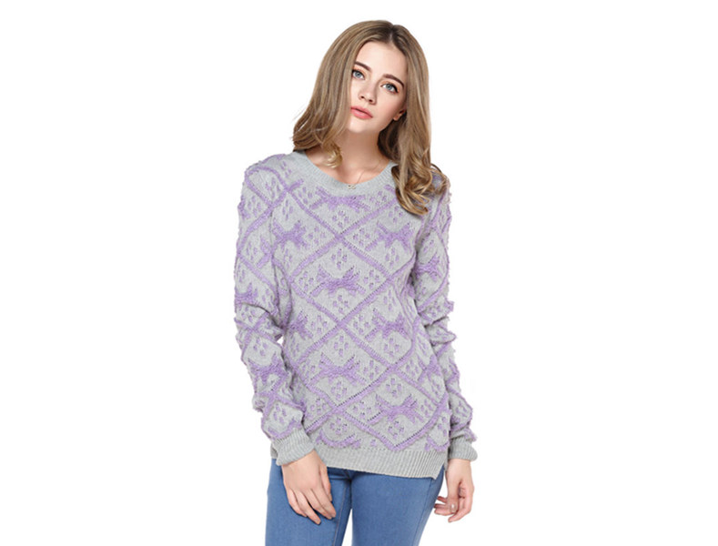 Women's Rhombus And Bowtie Pattern Round Neck Purple Sweater S100716 on ...
